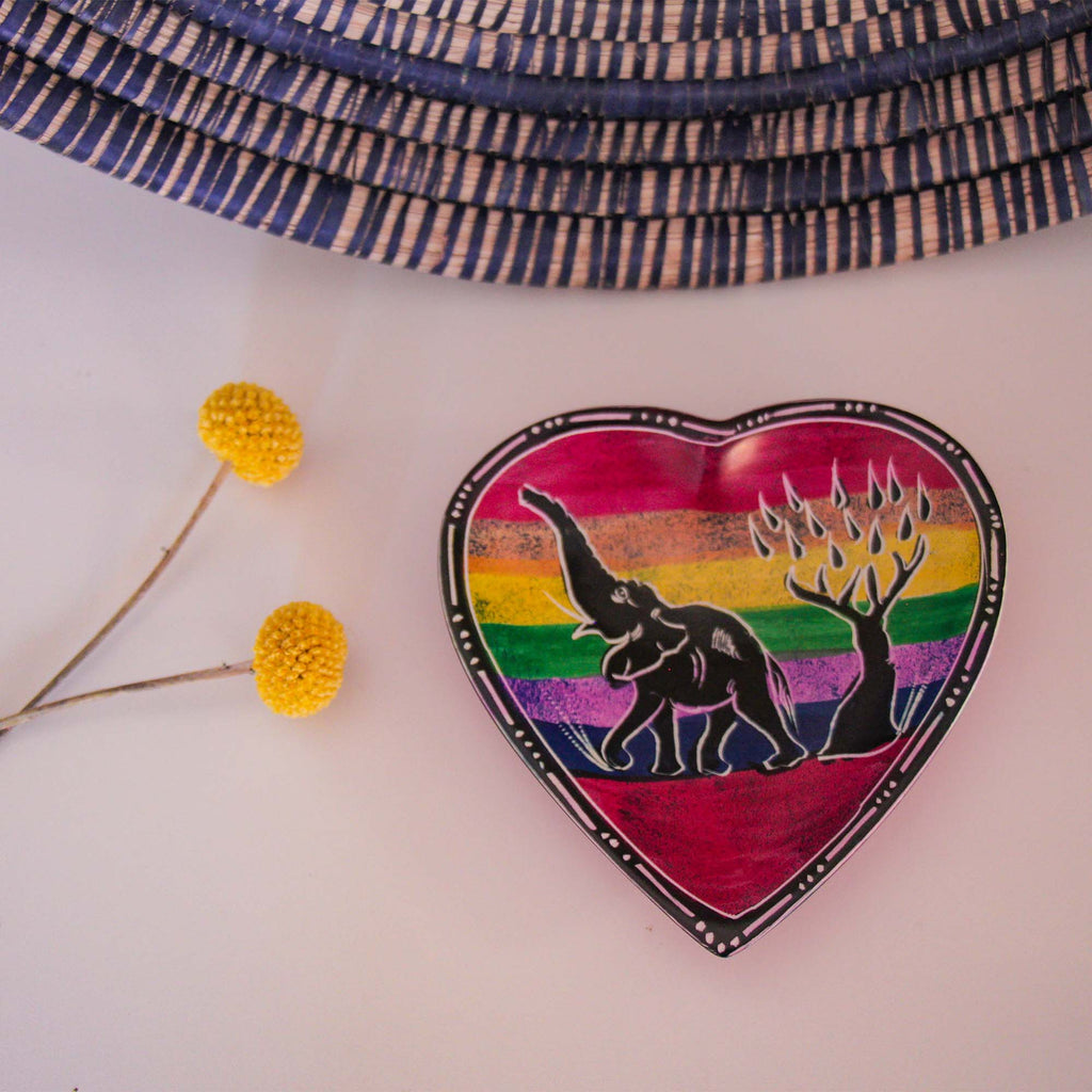 Set of African Soapstone Hand-painted Heart Trinket Dishes with Rainbow ...